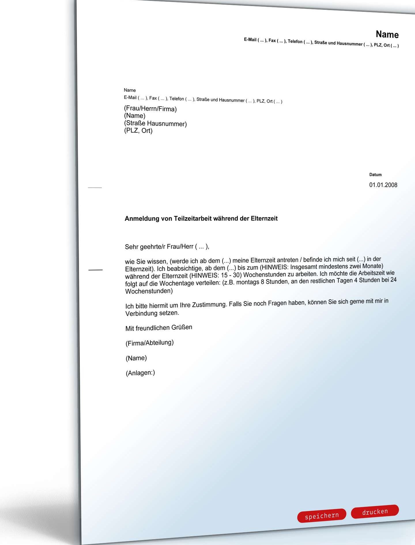 Vorlage Antrag auf Teilzeit nach Elternzeit herunterladen – Muster und ...