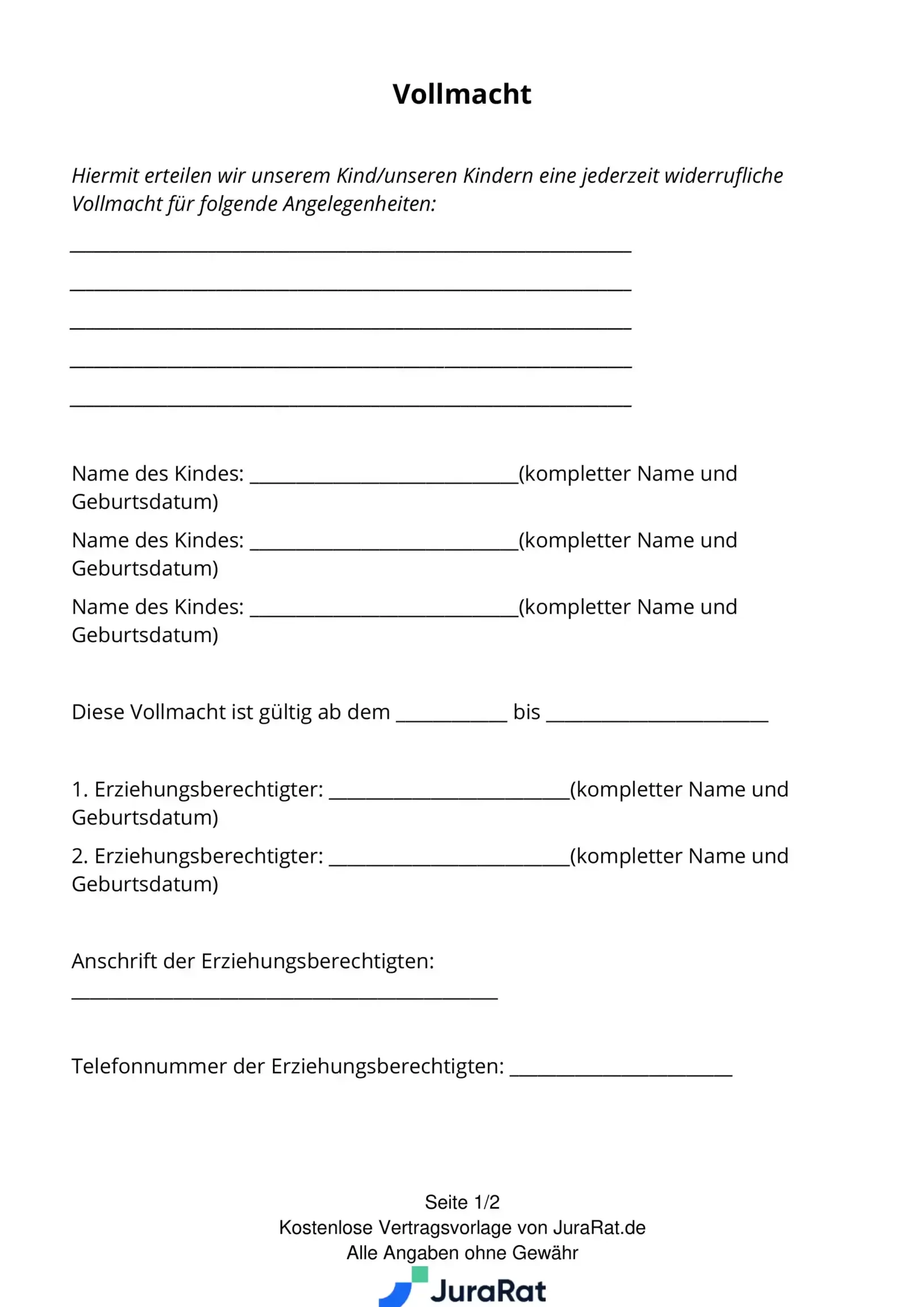 Elegantes Reisevollmacht Einverstaendniserklaerung Eltern Bild
